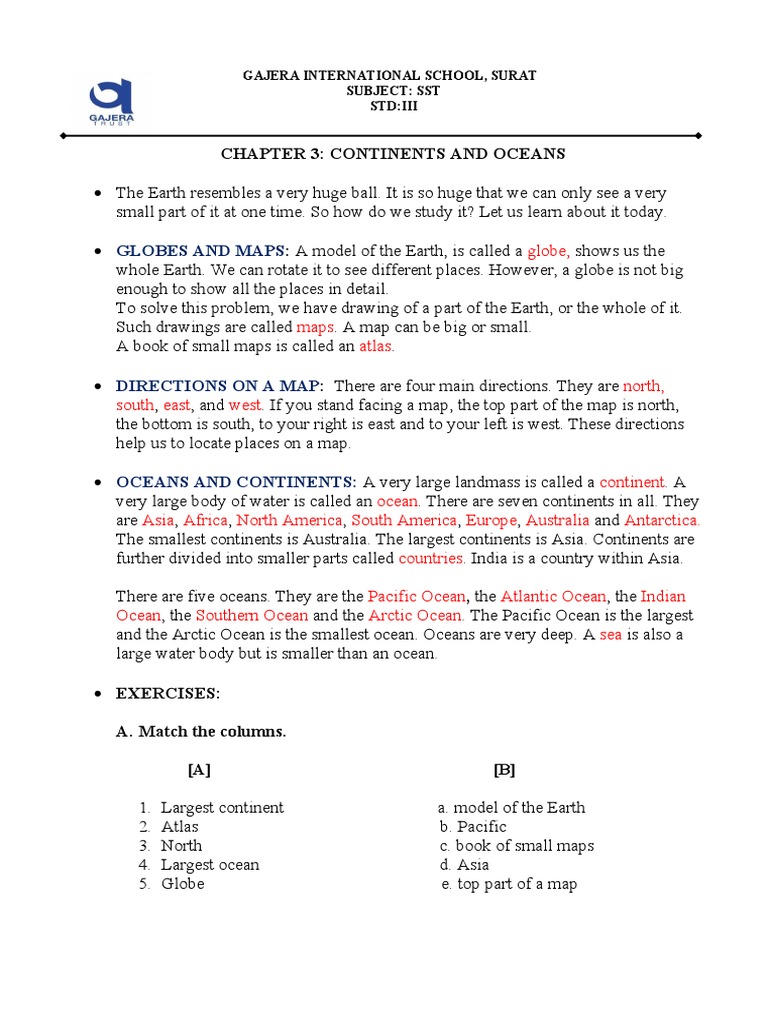 Cbse Class-3 SST Continents and Oceans | PDF
