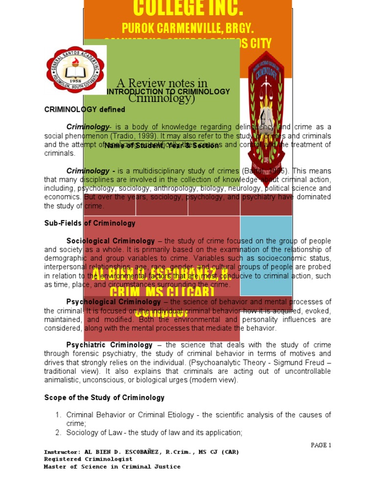 CRIM 1 INTRODUCTION TO CRIMINOLOGY Notes | PDF | Criminology | Crimes