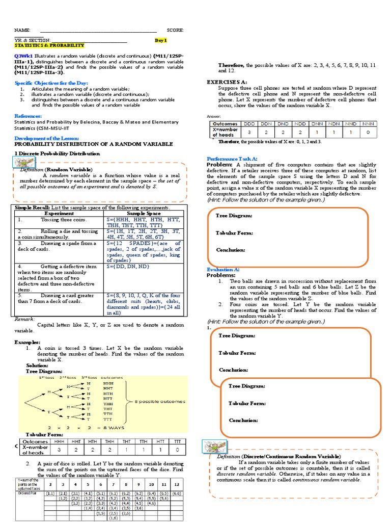 Acas Stat Prob SLA Q3 Week 1 Day 1 | PDF | Probability Distribution | Random Variable