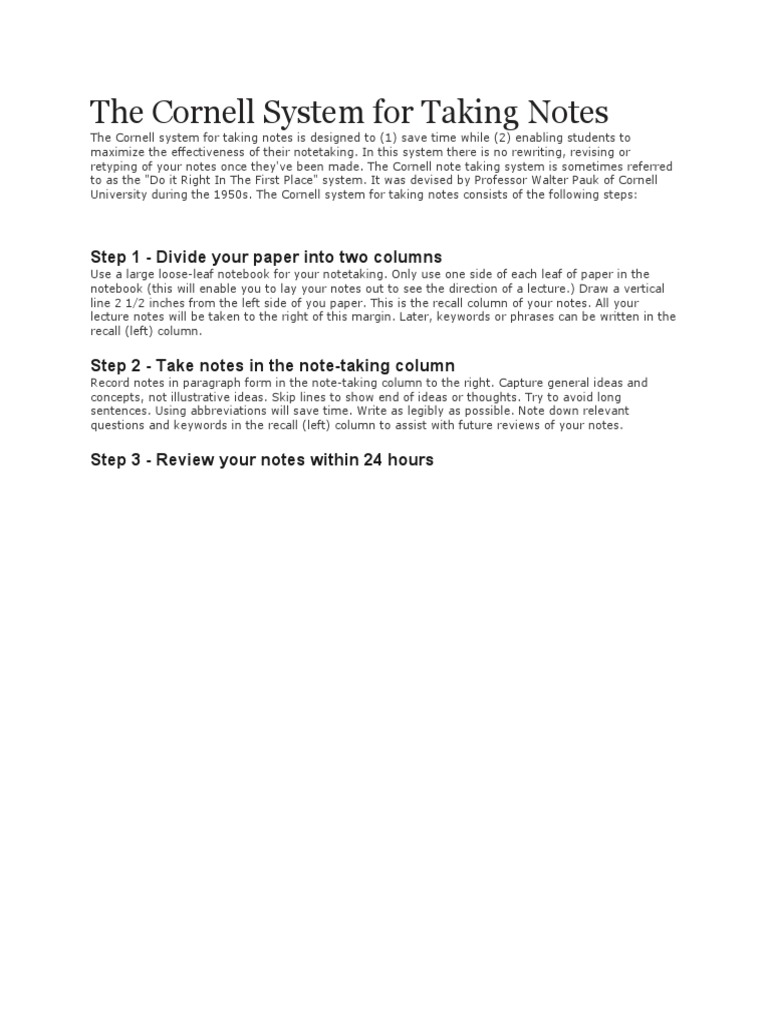 The Cornell System For Taking Notes | PDF