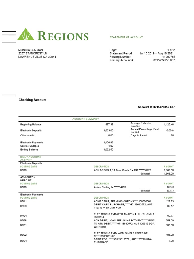 Regions Bank Statement | PDF | Debit Card | Visa Inc.