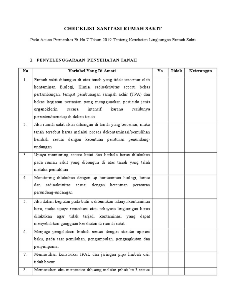 CHECKLIST SANITASI RUMAH SAKIT (Kelompok 6) | PDF