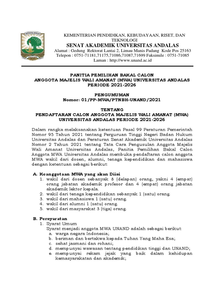 Pendaftaran Anggota MWA UNAND 2021-2026 | PDF | Ilmu Sosial