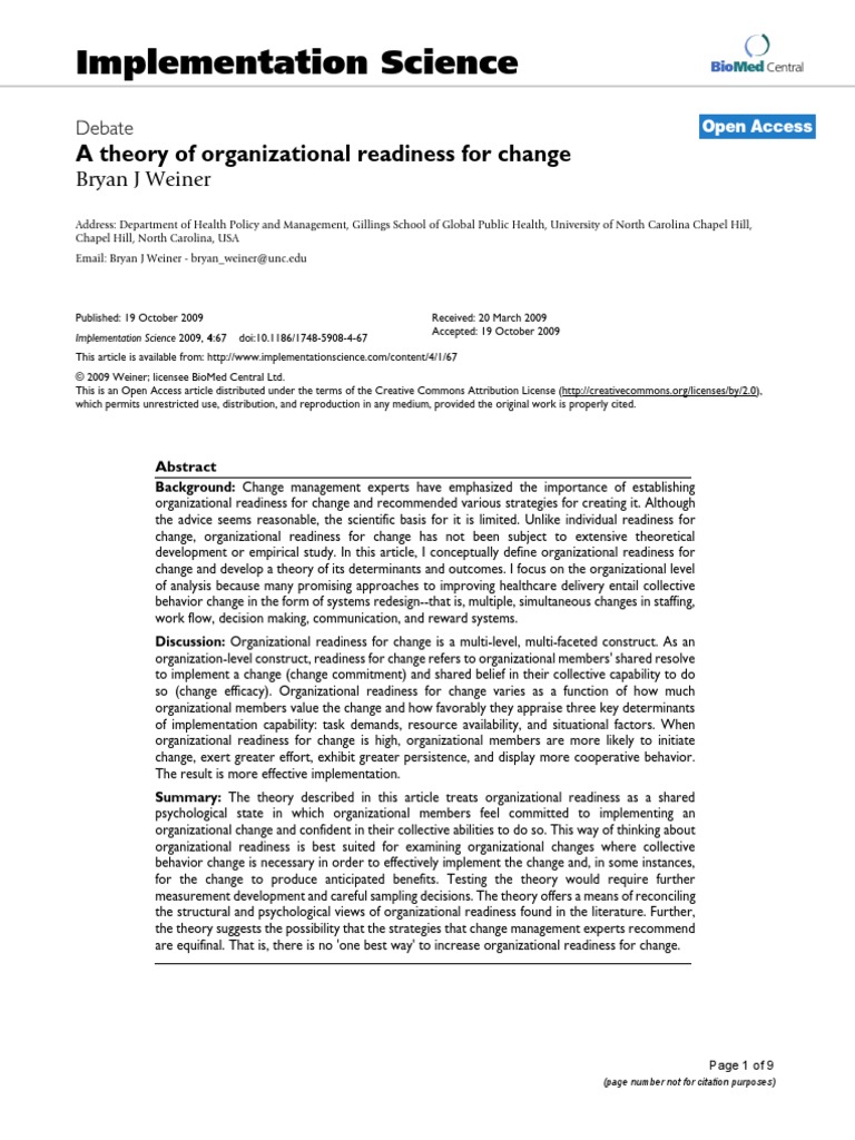 A Theory of Organizational Readiness For Change | PDF | Organizational Behavior | Motivation