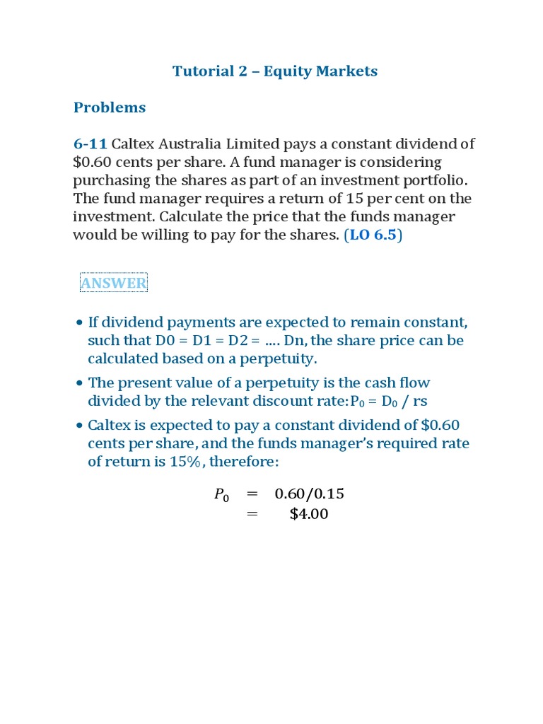 Tutorial 2 - Equity Markets Problems 6-11: Answer | PDF | Dividend | Stocks