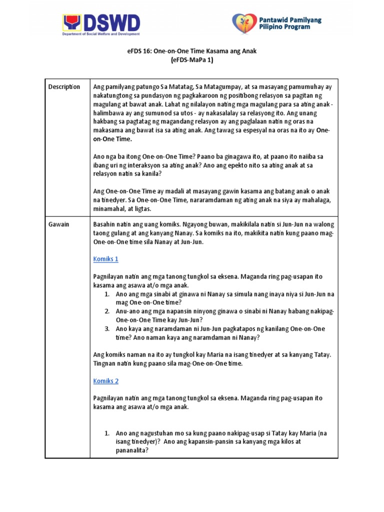 EFDS 16 One-On-One Time Kasama Ang Anak SEPTEMBER MODULE | PDF