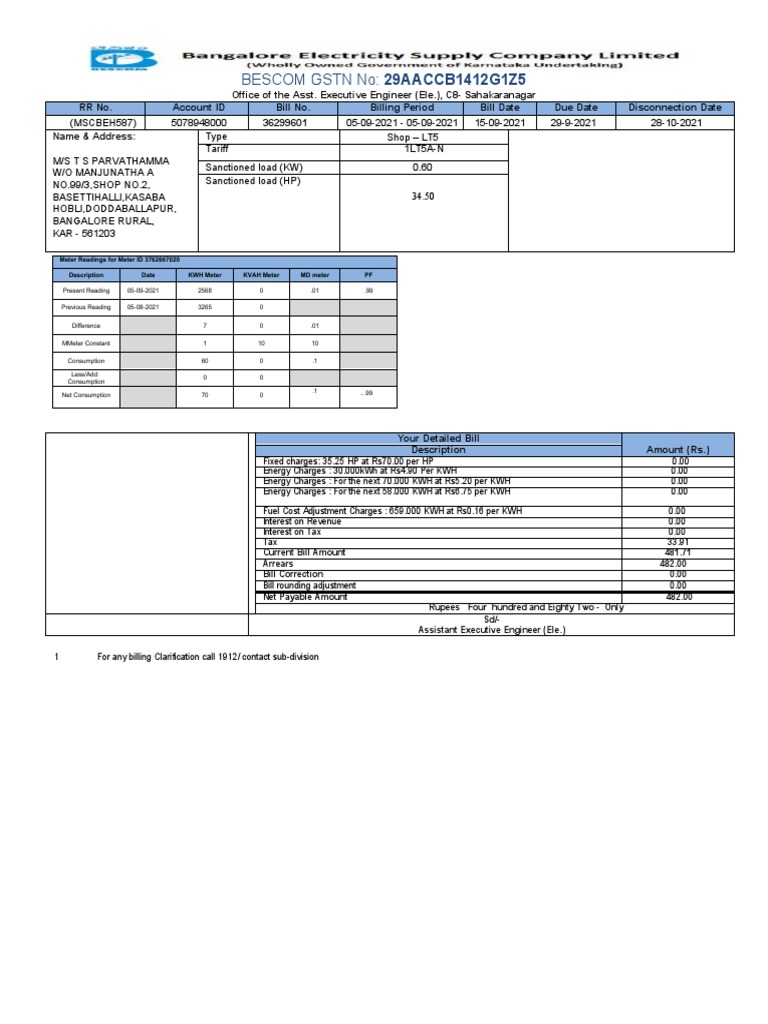 Bescom Bill EDITED | PDF | Economies | Electric Power