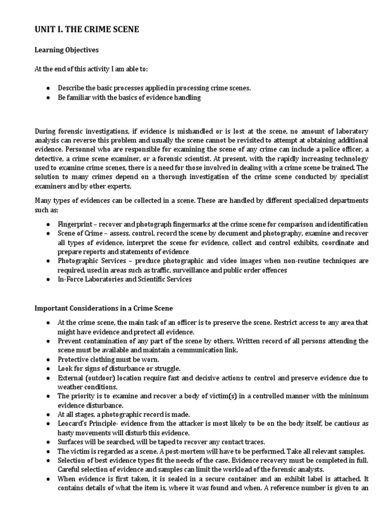 Unit 2 - Evidence Handling | PDF | Crime Scene | Forensic Science
