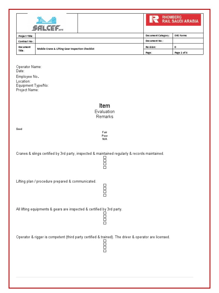 Mobile Crane Inspection Checklist | PDF | Crane (Machine) | Manufactured Goods