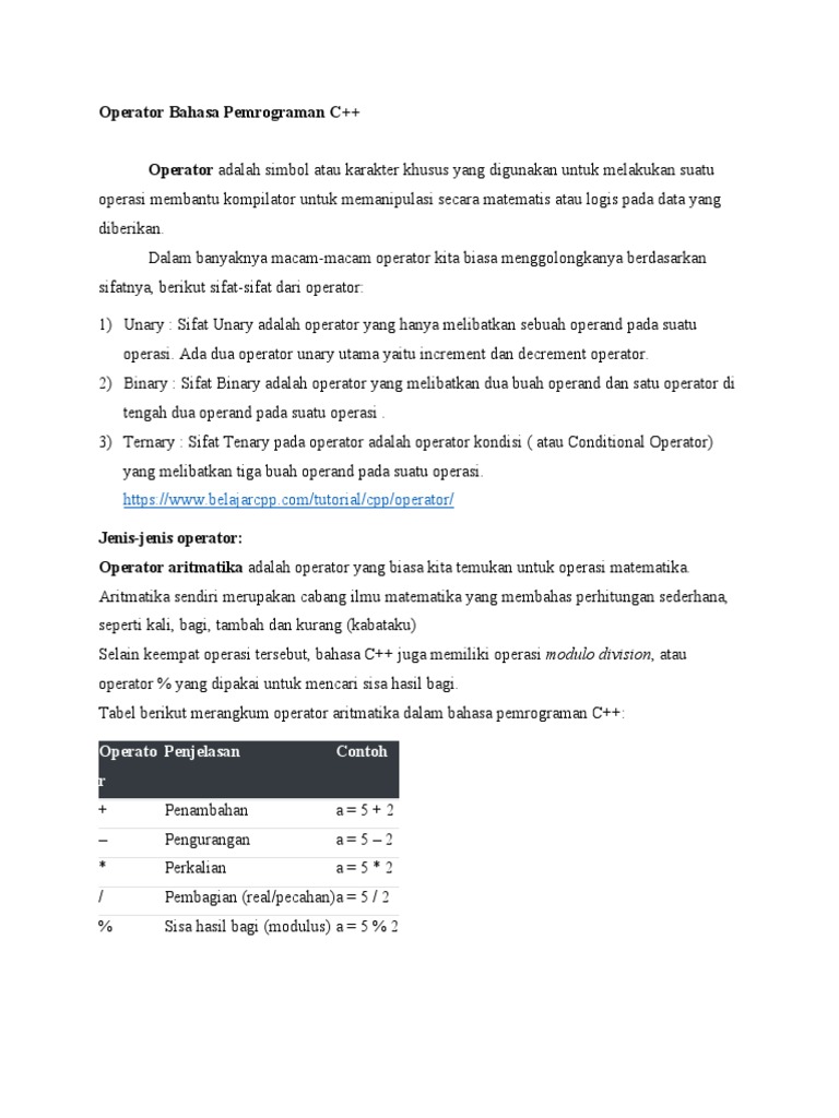 Operator Bahasa Pemrograman C++ | PDF