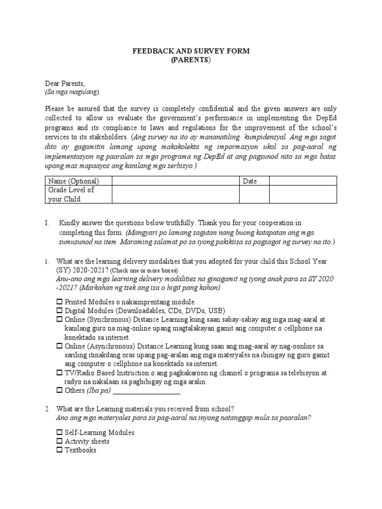 Feedback and Survey Form For Parents | PDF