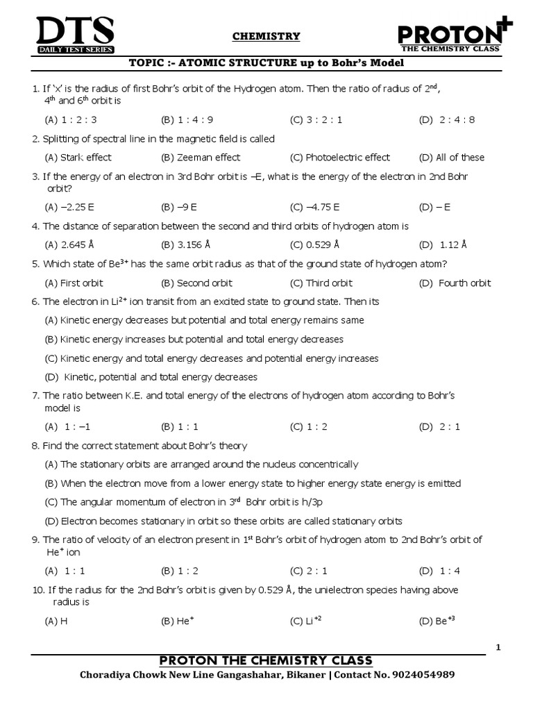 Bohr's Atomic Structure MCQs | PDF | Atoms | Electron