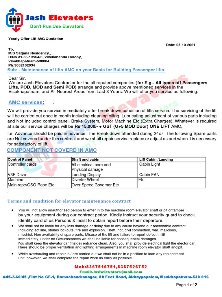 AMC Services: Sub: - Maintenance of Lifts AMC On Year Basis For ...
