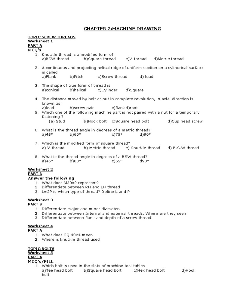 Chapter 2:machine Drawing: MCQ's | PDF | Screw | Nut (Hardware)