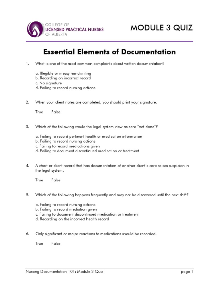 Essential Elements of Documentation: Module 3 Quiz | PDF | Nursing ...