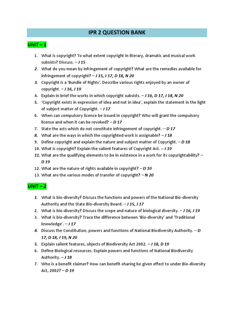 Ipr 2 Question Bank: Unit - 1 | PDF | Copyright | Intellectual Property