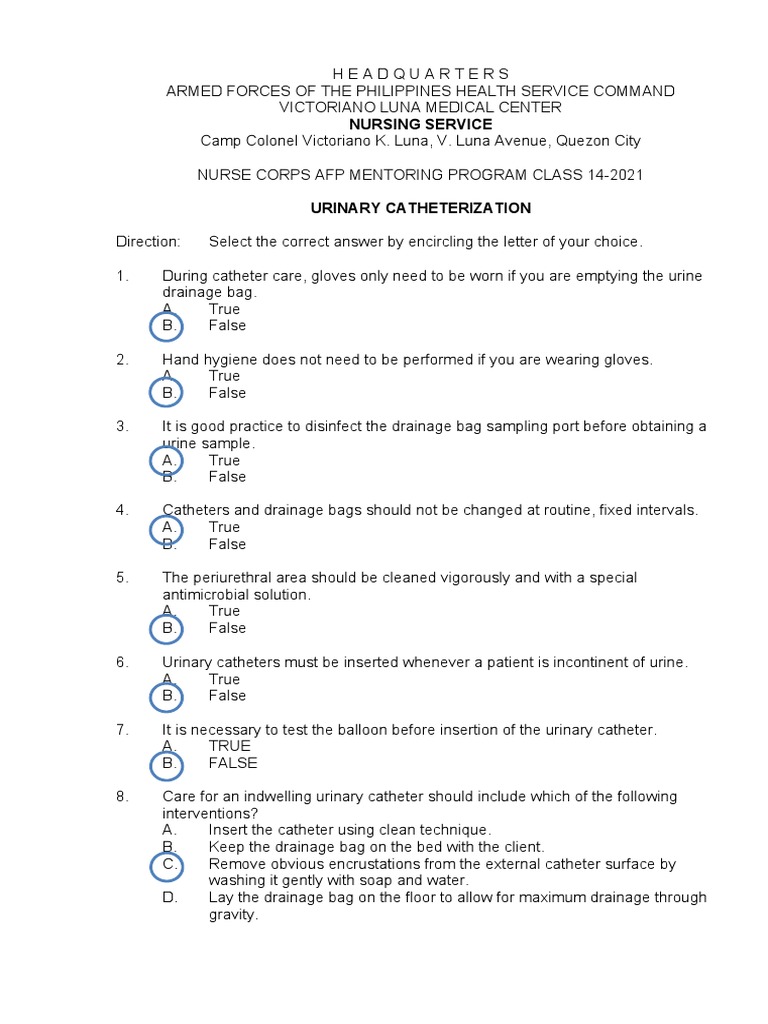 Nurse Mentoring: Catheter Care Quiz | PDF | Medical Specialties ...