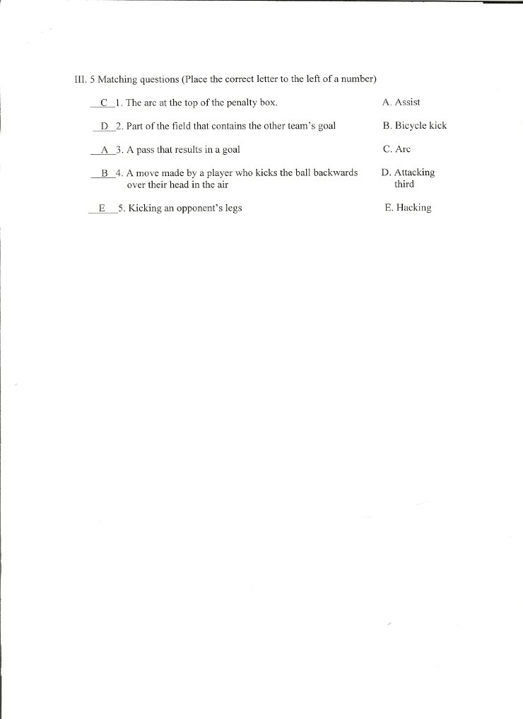 Soccer Test Answer Key, p.2 | PDF