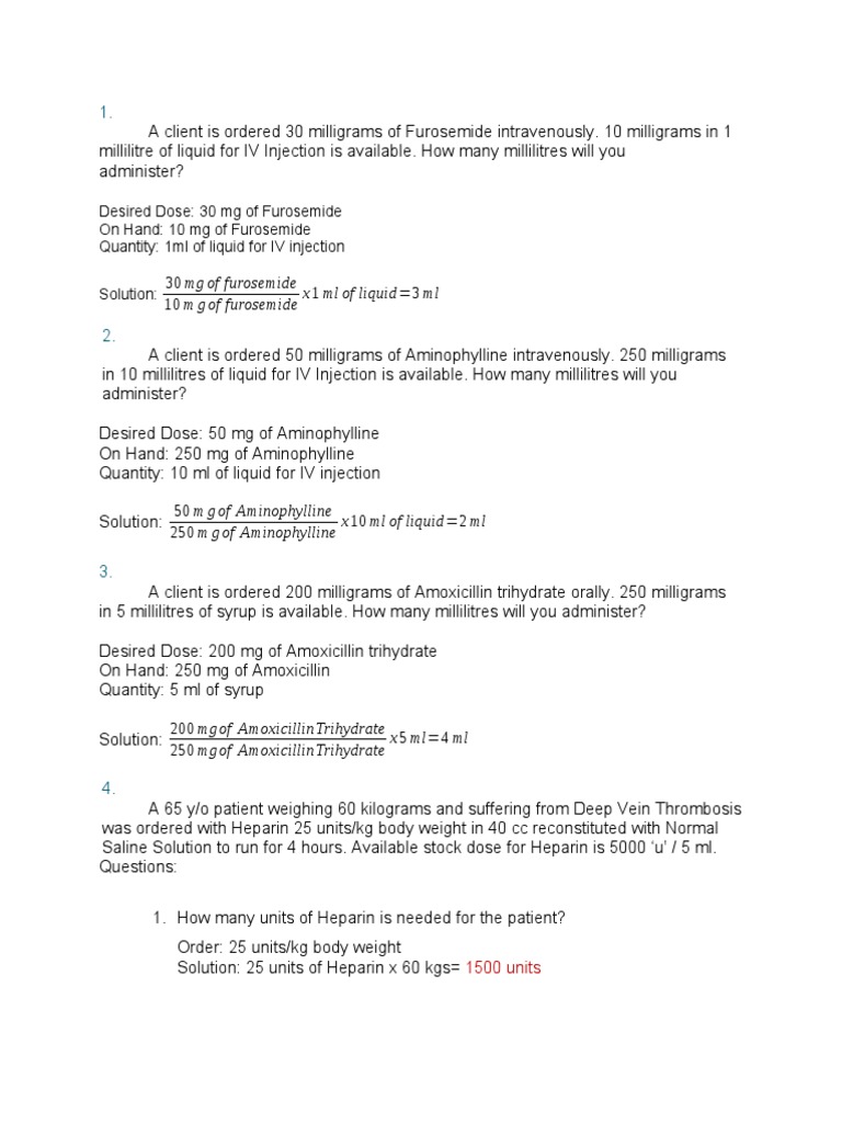 Dosage and Calculation Answers | PDF | Intravenous Therapy | Chemistry