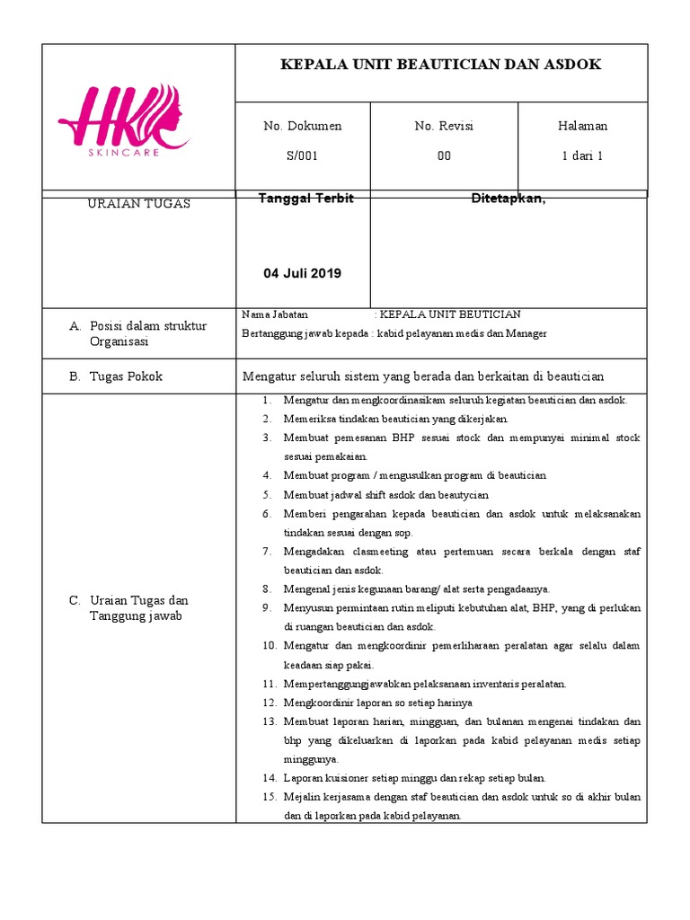Uraian Tugas Kabag Unit Beautician Dan Asdok | PDF