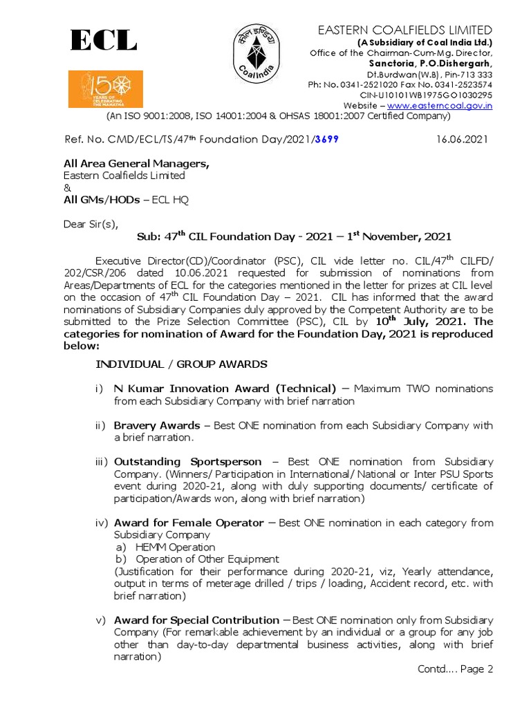 Letter To All Area GMs & ECL HQ HODs For Nomination CIL Foundation Day ...