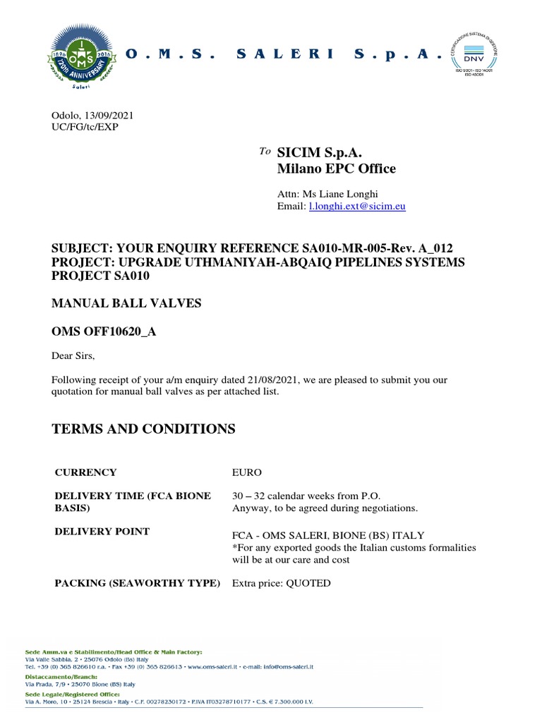 OMS Saleri Quotation for Valves | PDF | Valve | Steel