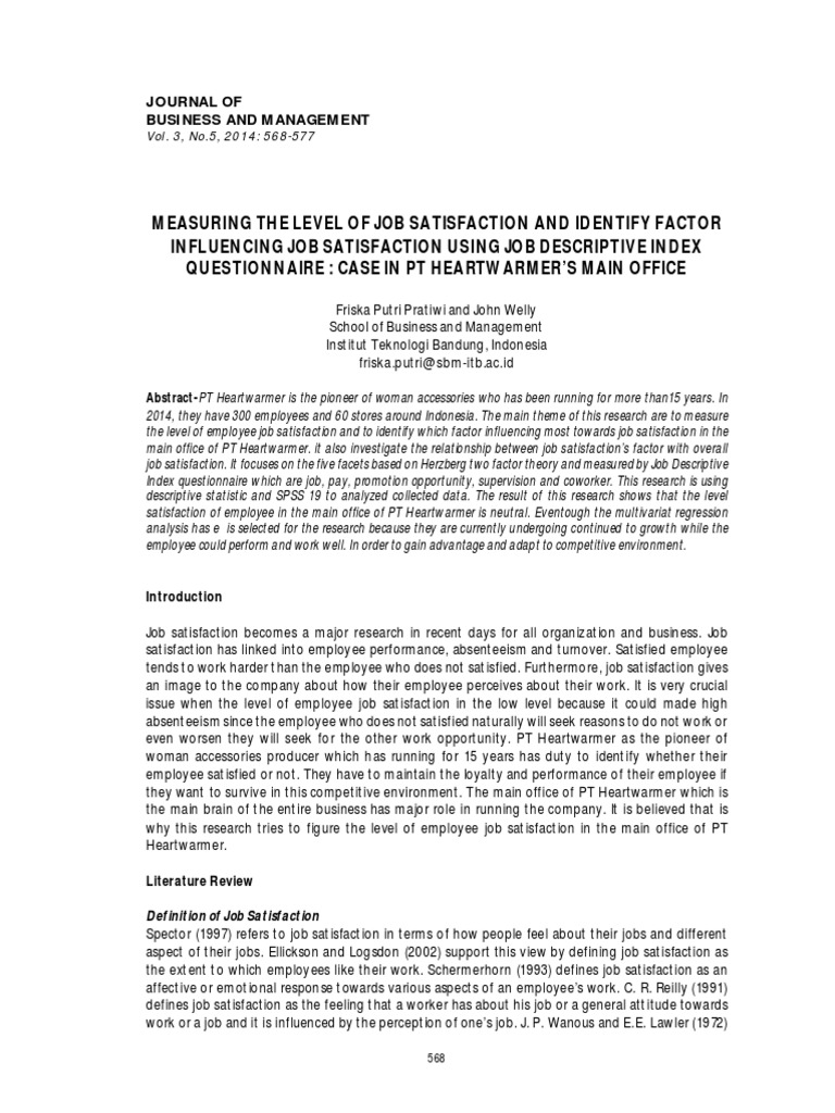 Job Satisfaction Analysis at PT Heartwarmer | PDF | Job Satisfaction ...