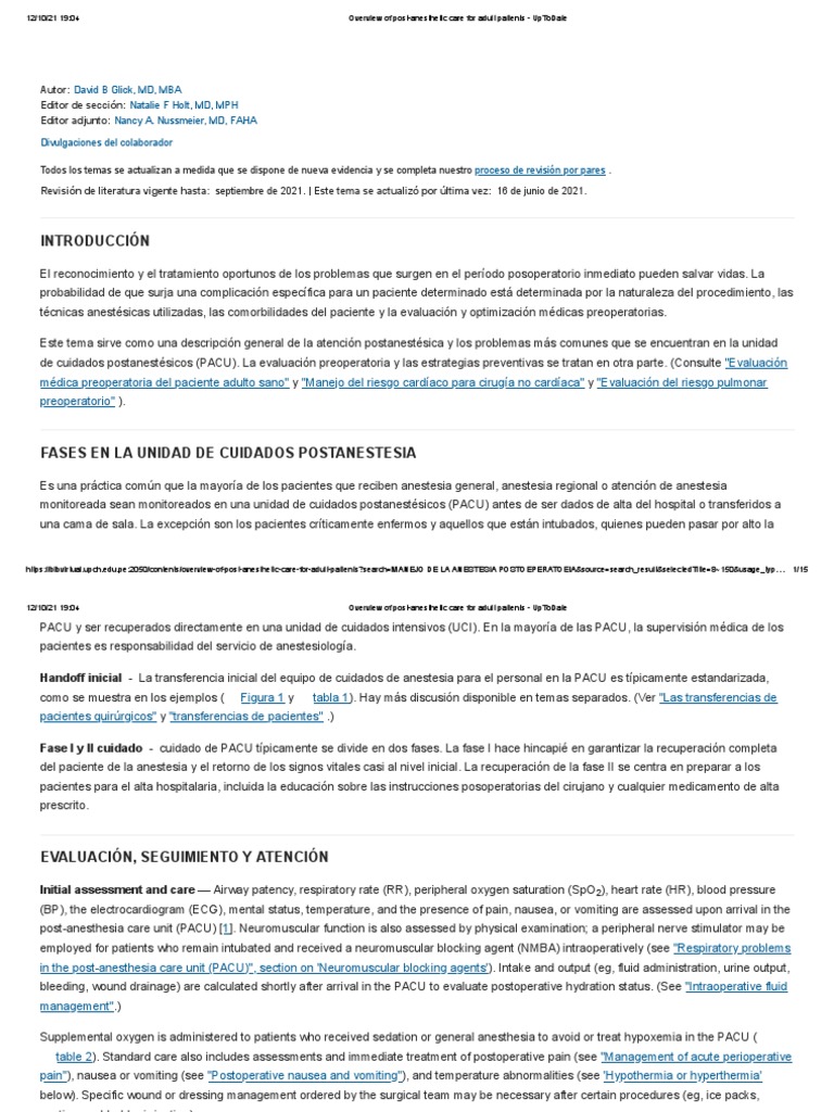 Overview of Post-Anesthetic Care For Adult Patients - UpToDate | PDF ...