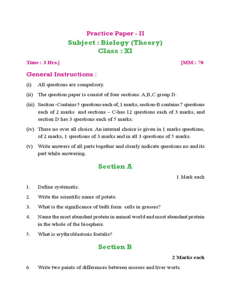 11 Biology Sample Papers 2018 2019 Set 2 | PDF | Plant Stem | Leaf