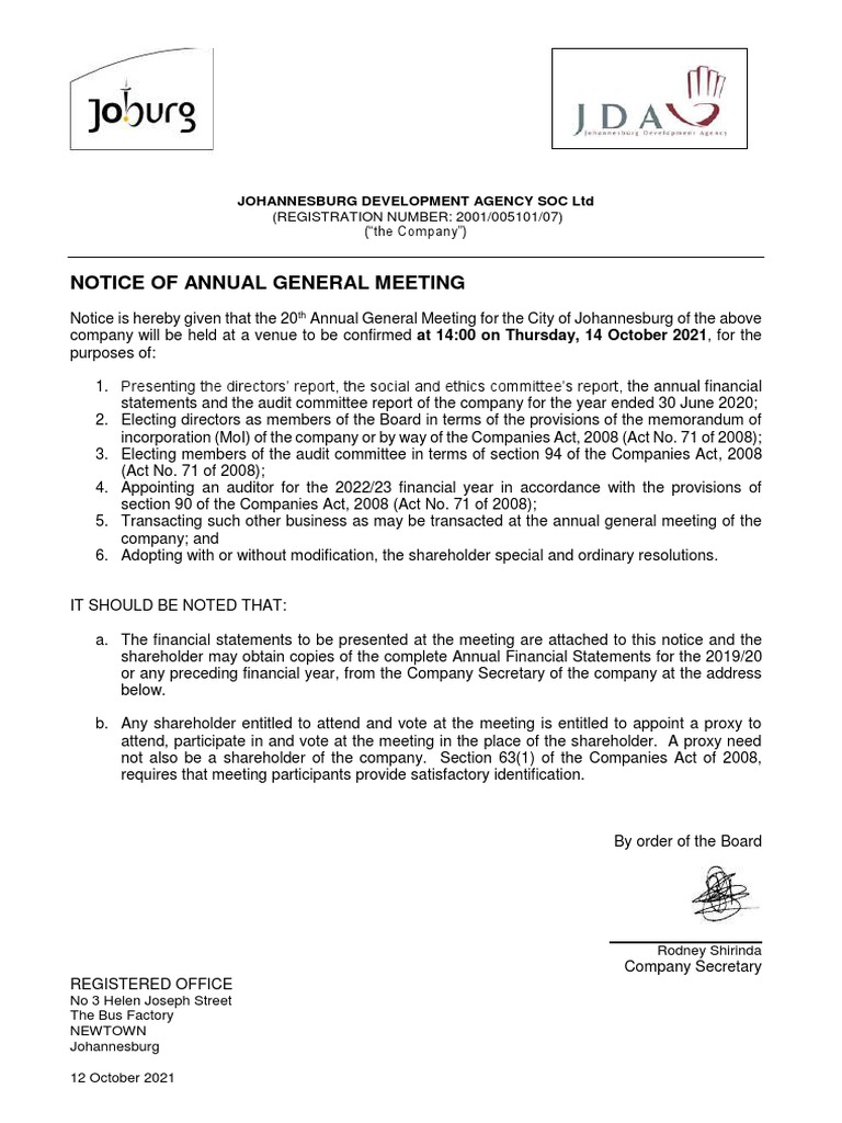 AGM Notice - 14 October 2021 | PDF | Business | Finance & Money Management
