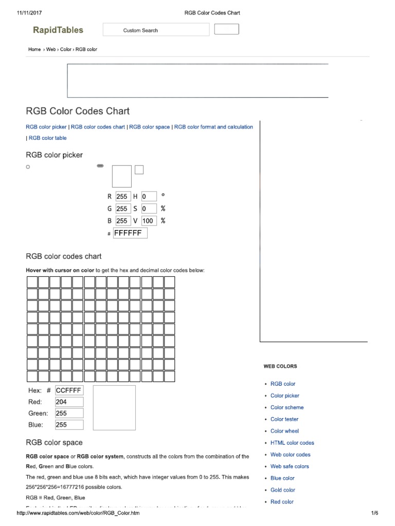RGB Color Codes Chart | PDF