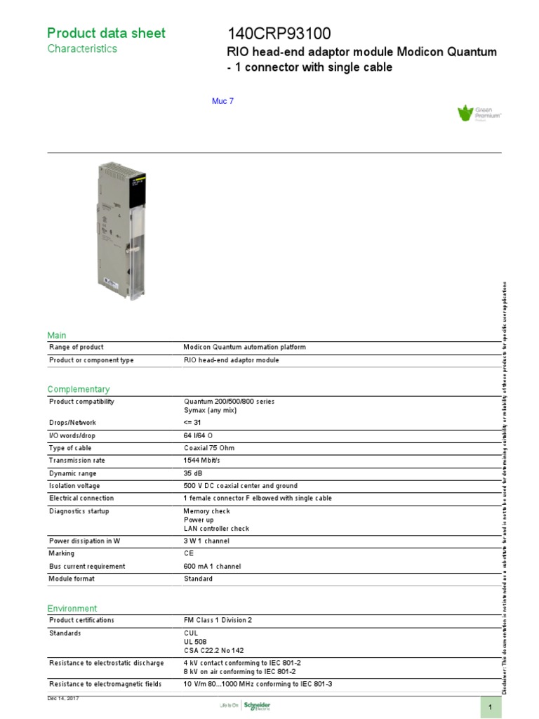 Product Data Sheet: RIO Head-End Adaptor Module Modicon Quantum - 1 ...