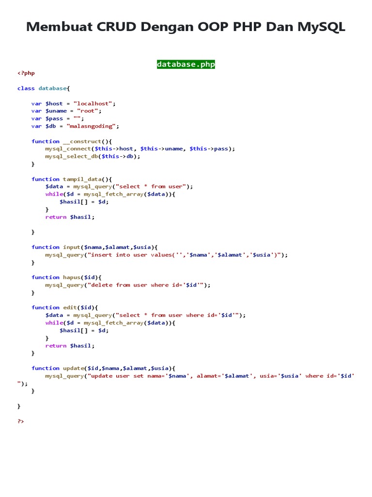 CRUD OOP PHP dan MySQL Sederhana | PDF | Computer Programming | Databases
