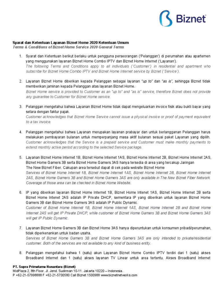 Syarat dan Ketentuan Biznet Home 2020 | PDF