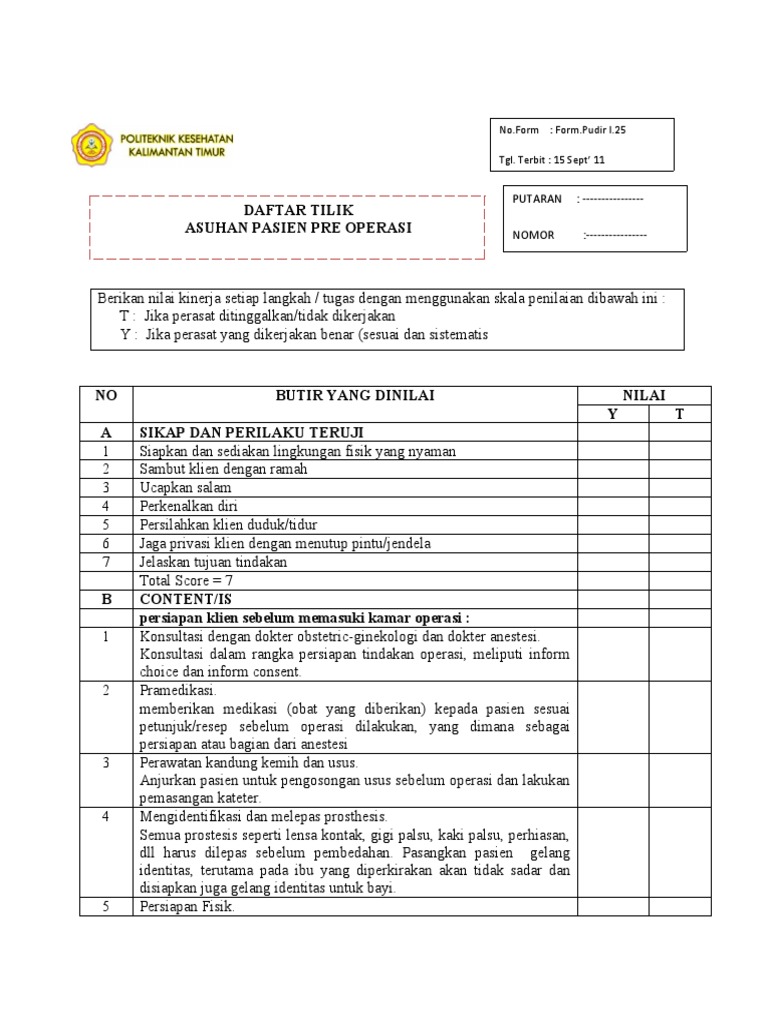 Daftar Tilik Persiapan Pre Operasi | PDF