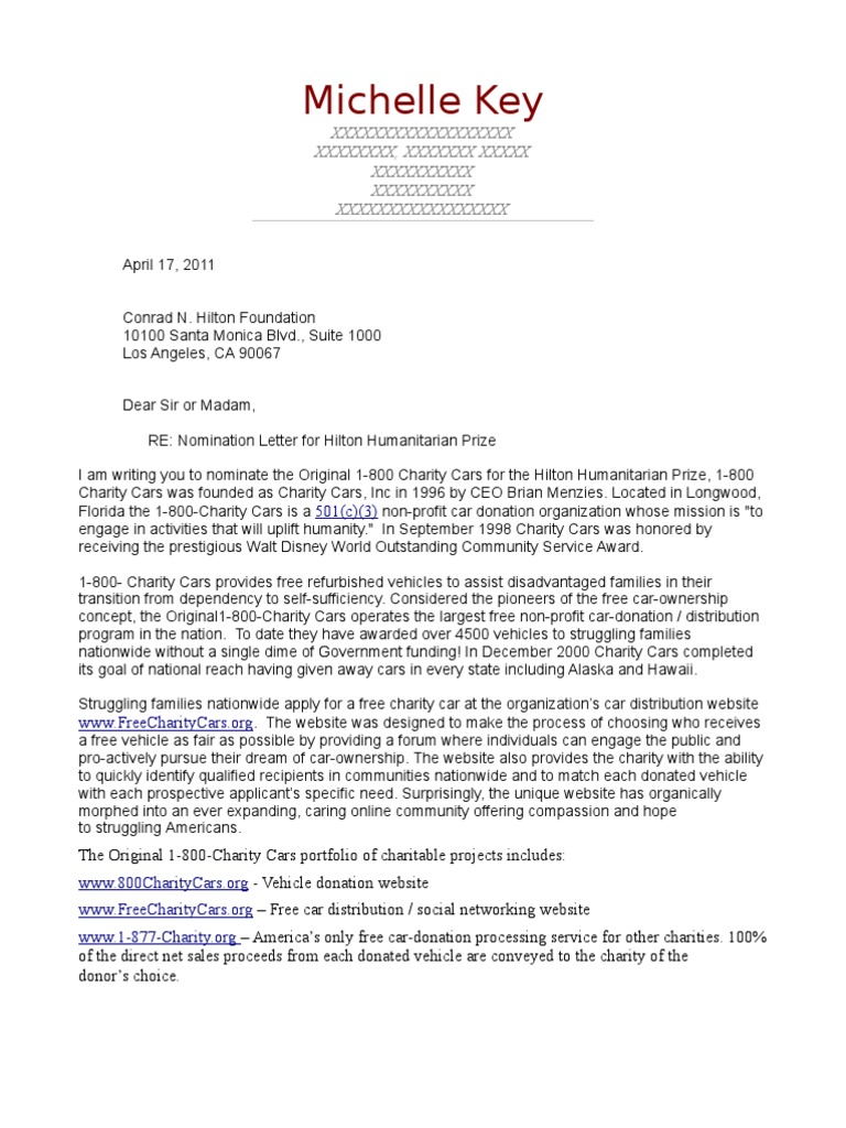 Nomination Letter For Hilton Humanitarian Prize for Charity Cars Inc ...