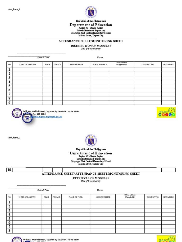 Department of Education: Attendance Sheet/Monitoring Sheet | PDF