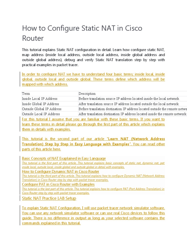 How To Configure Static Nat In Cisco Router Pdf Ip Address Router Computing