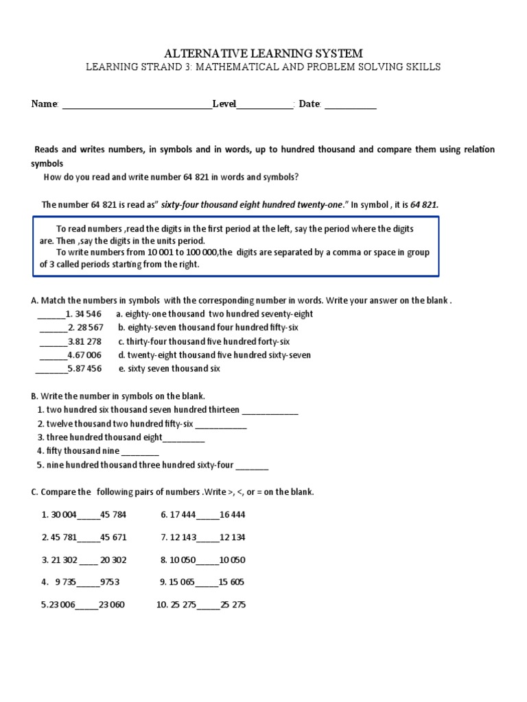 Alternative Learning System: Learning Strand 3: Mathematical and Problem Solving Skills | PDF ...
