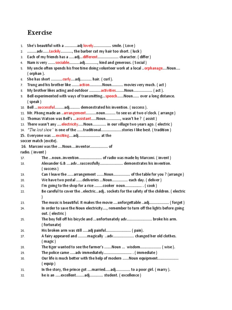 Word Form Exercises With Key | PDF