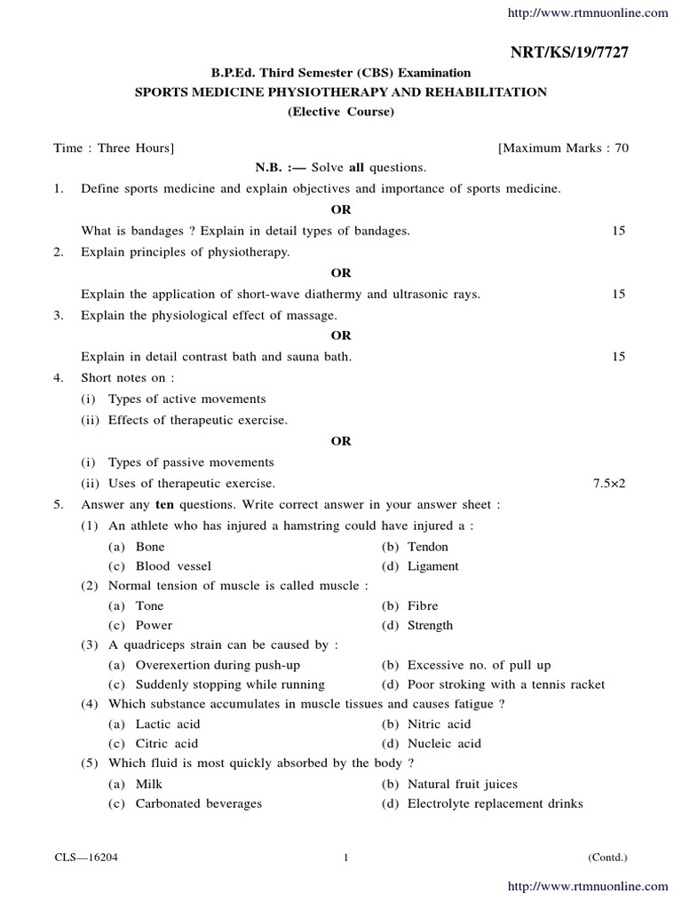 B.P.Ed. Third Semester (CBS) Examination Sports Medicine Physiotherapy ...
