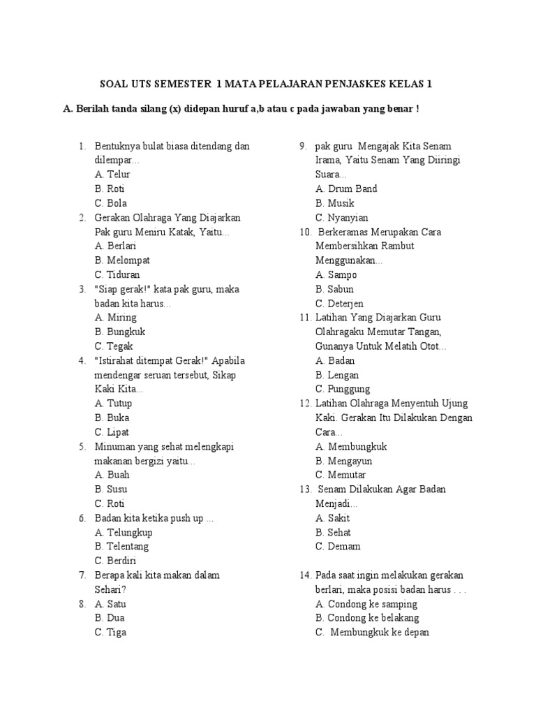 Soal UTS Penjaskes Kelas 1-4 | PDF