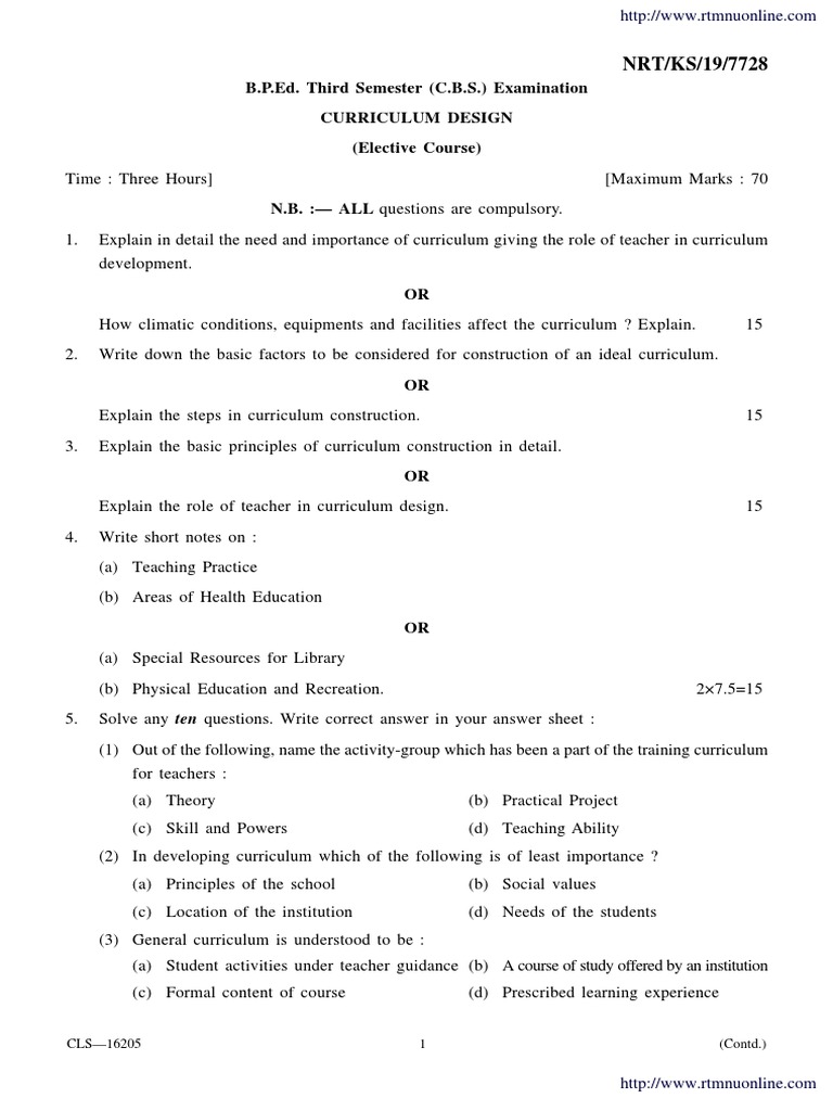 B.P.Ed. Third Semester (C.B.S.) Examination Curriculum Design (Elective ...