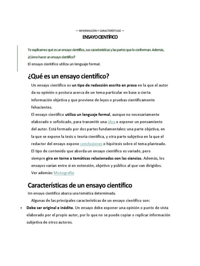 Ensayo Científico - Características | PDF | Ensayos | Hipótesis