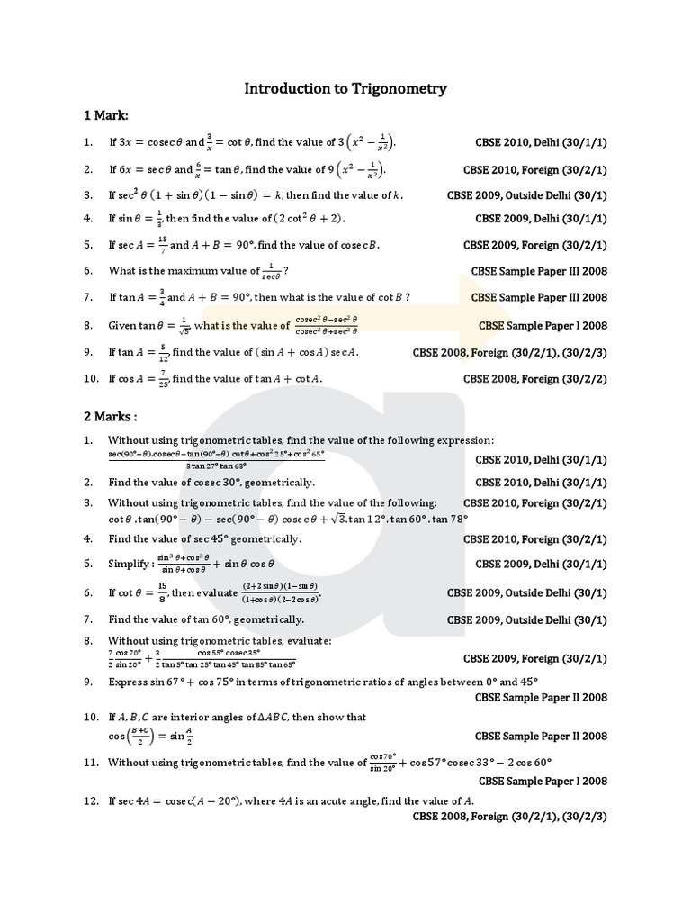 Introduction To Trigonometry Previous Year Questions | PDF | Trigonometric Functions | Sine