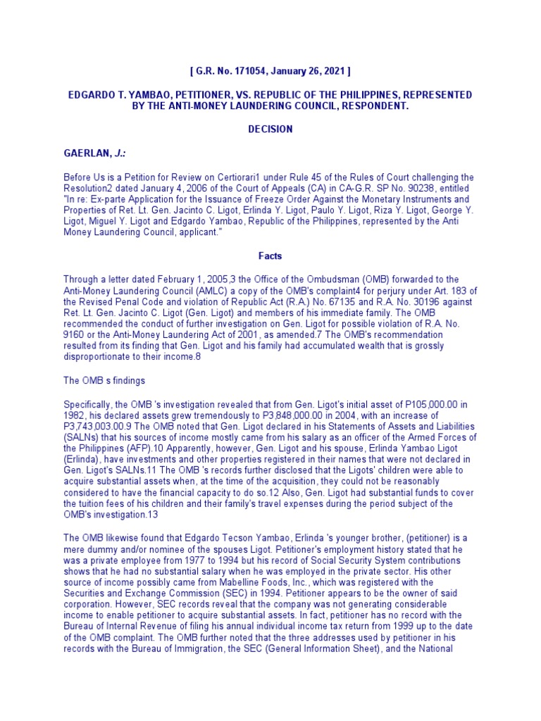 (G.R. No. 171054, January 26, 2021) Edgardo T. Yambao, Petitioner, vs ...
