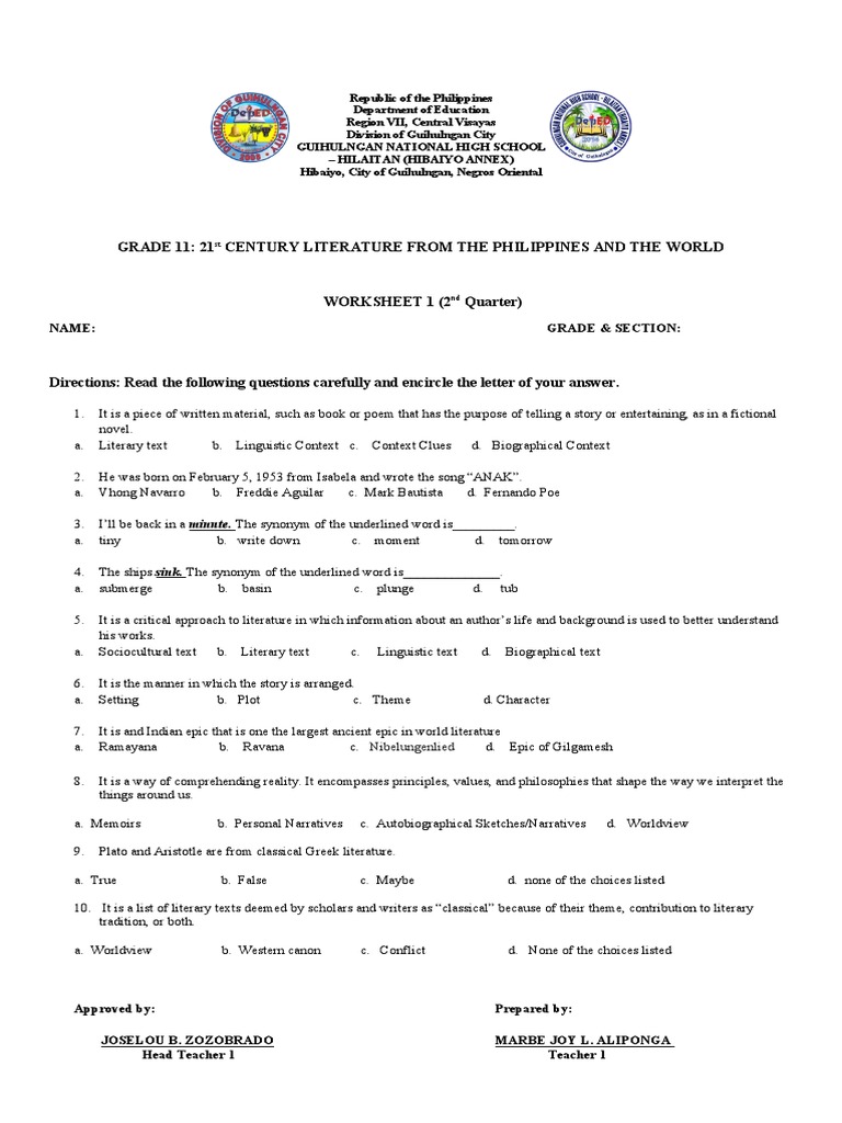 Grade 11 Worksheet in 21ST Century Literature | PDF | Ancient Greek ...