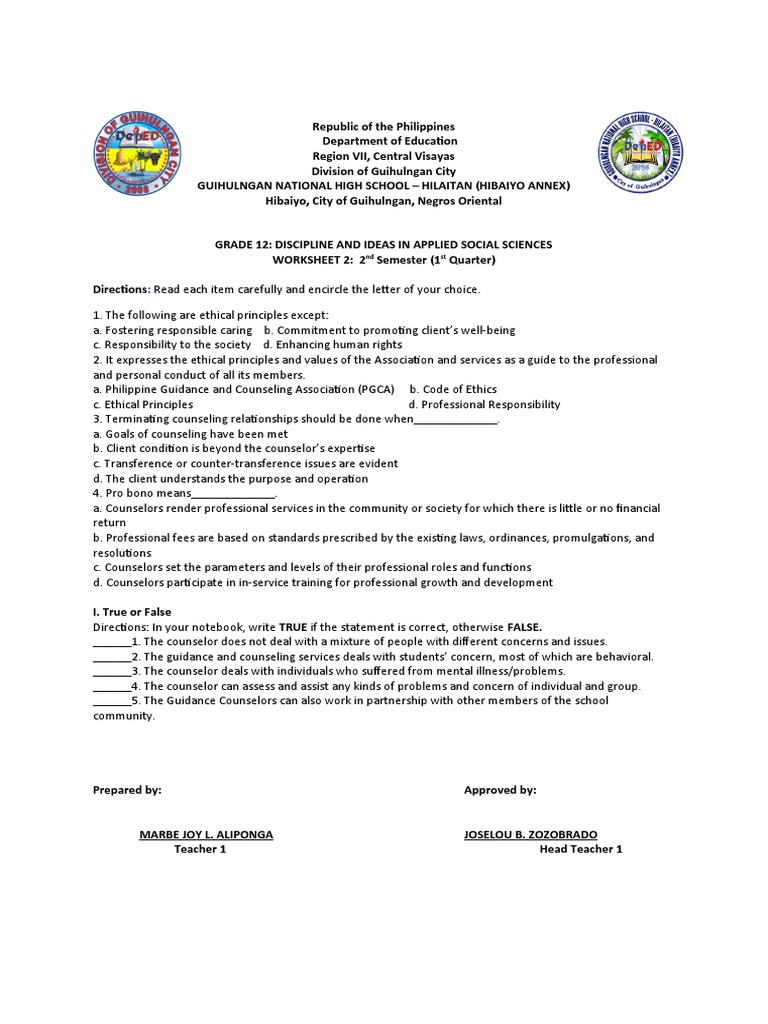 Grade 12 Diass Worksheet 2 (2nd Semester) | PDF | School Counselor ...