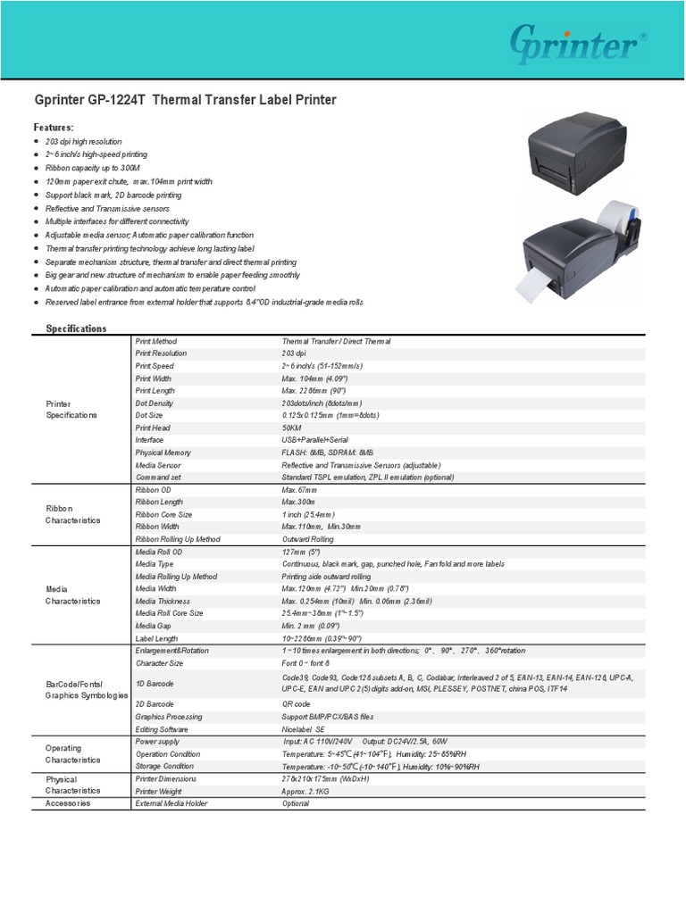 Barcode Printer GP-1224T Specifications | PDF | Printer (Computing ...