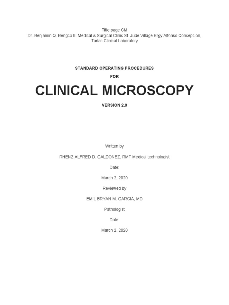 Clinical Microscopy: Standard Operating Procedures FOR | PDF | Medical ...